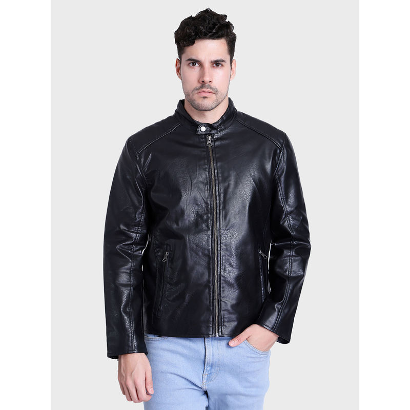 Buy Justanned Shiny Black Leather Jacket Online