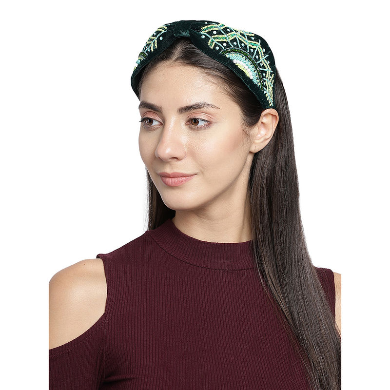 Buy Anekaant Dark Green and Multi Quirky Embellished Velvet Hair Band ...