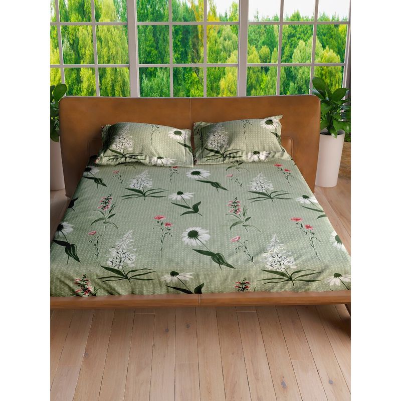 Buy LABHAM Hazel Green Pure Cotton King Size Printed Bedsheet with Pillow Covers (Set of 3) Online
