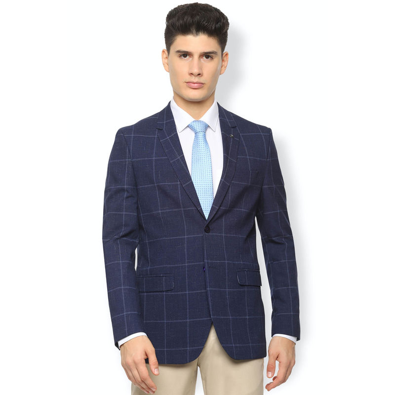 Buy Van Heusen Men Navy Blue Check Slim Fit Formal Blazer Online