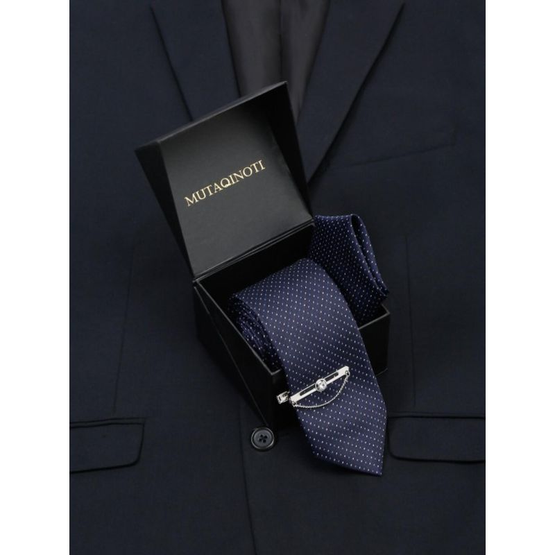 Buy MUTAQINOTI Men Printed Blue Tie With Pocket Square & Lapel Pin Online