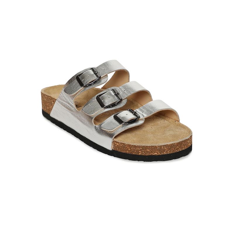 Buy HF Journey Women Reva Silver Triple Strap Cork Footbed Sandals Online