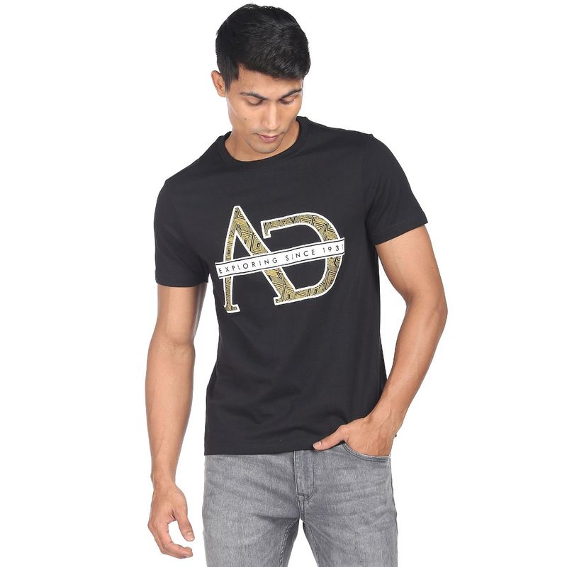 Buy AD By Arvind Men Black Embossed Print Cotton T-shirt Online
