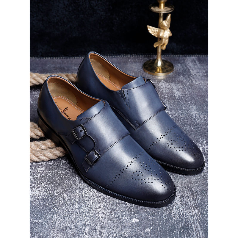 Buy Louis Stitch Italian Handmade Blue Textured Formal Monks Shoes for ...