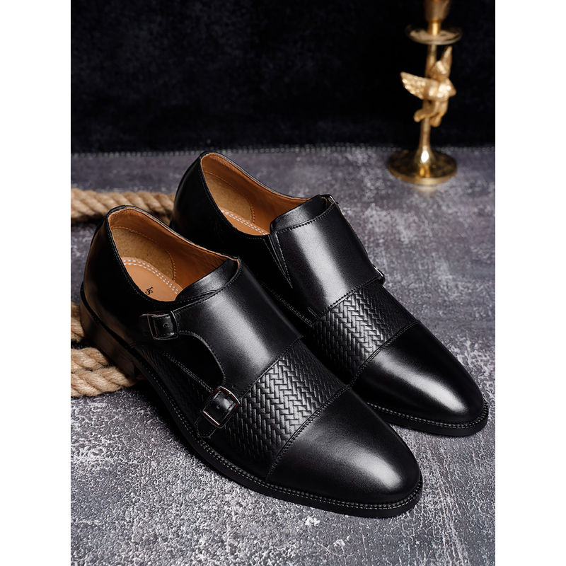 Buy Louis Stitch Italian Handmade Black Textured Formal Waived Monks ...