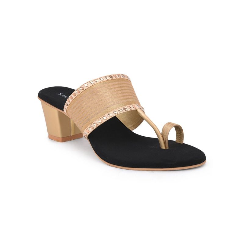 Buy SALARIO Embellished Gold Embellished Chunky Heeled Toe-Ring Heels ...