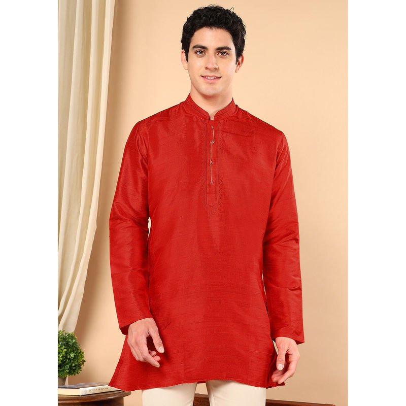 Buy TATTVA Men Red Solid Pure Silk Straight Kurta Online