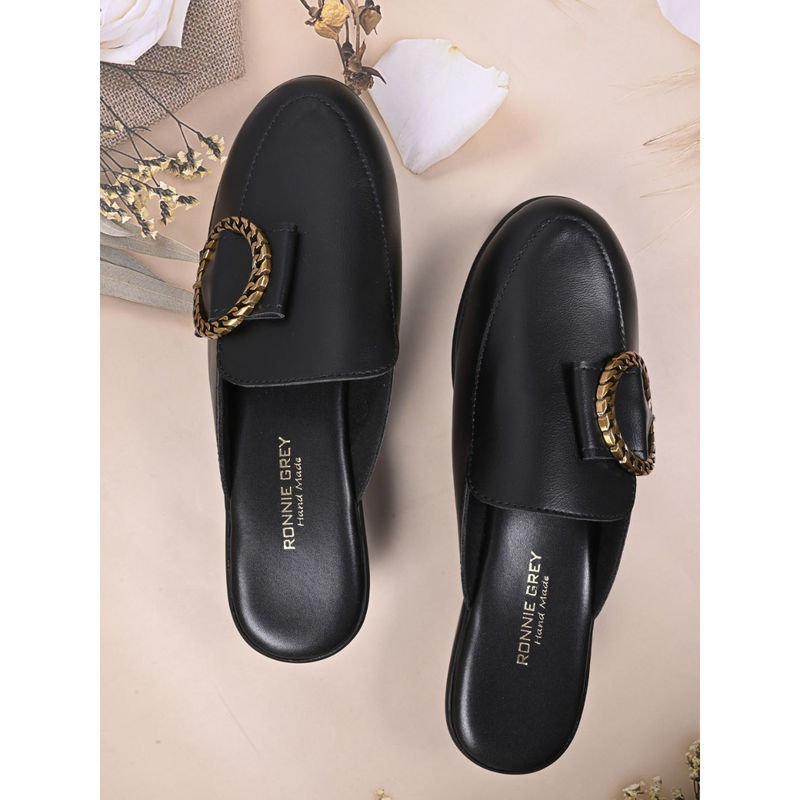 Buy Ronnie Grey Women Black Solid Heeled Mules Online