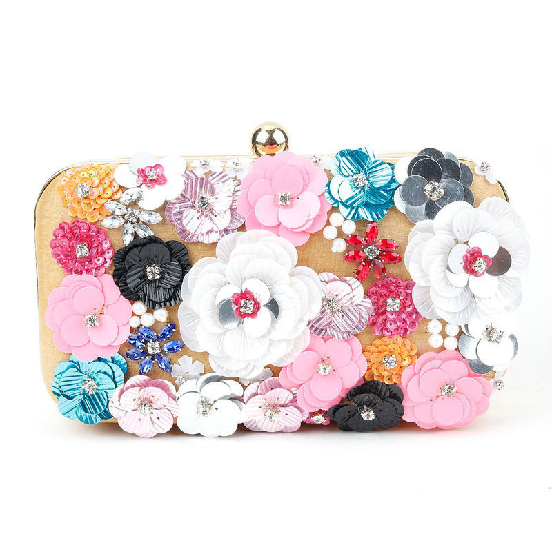 Buy Odette Yellow Floral Embellished Sequin Multi-Color Clutch Online