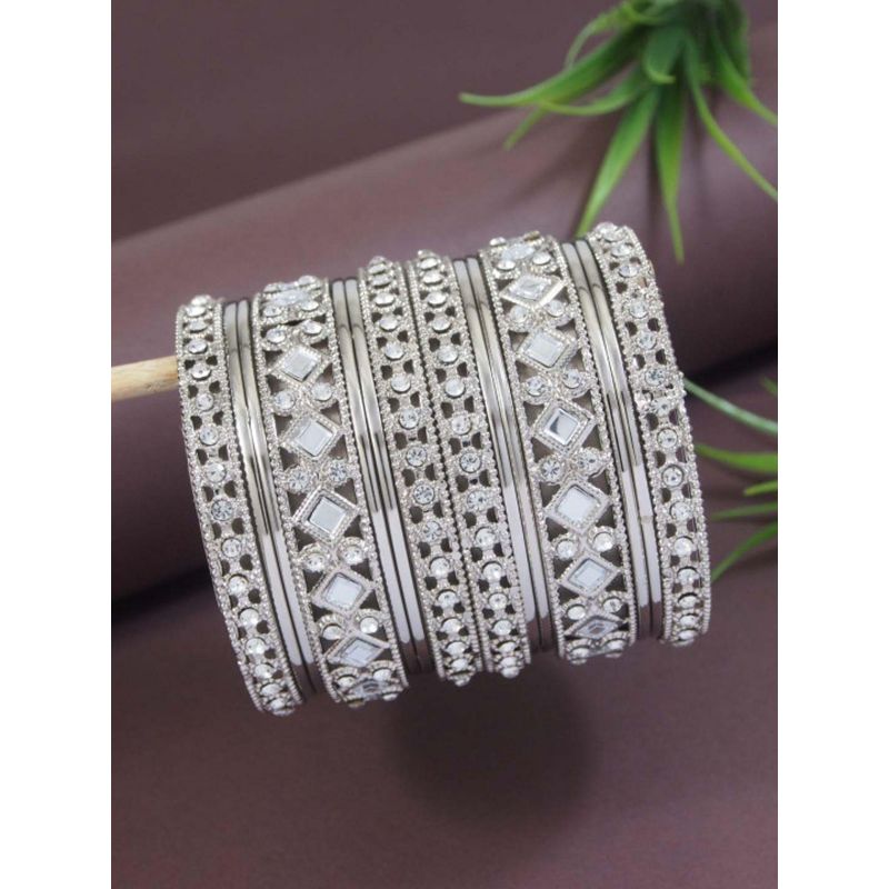 Buy I Jewels Ethnic Stylish Silver Plated Stone and Mirror Work Bangles ...