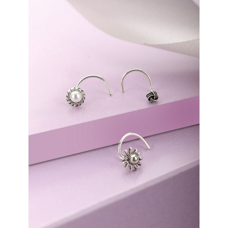 Zavya 925 Pure Silver Oxidised Mix Style Classic Combo Nose Pin Pack Of