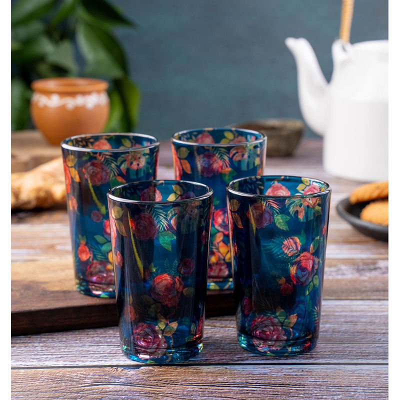 Buy Kolorobia Misty Morning Roses Blue Chai Glass Set of 4 Online