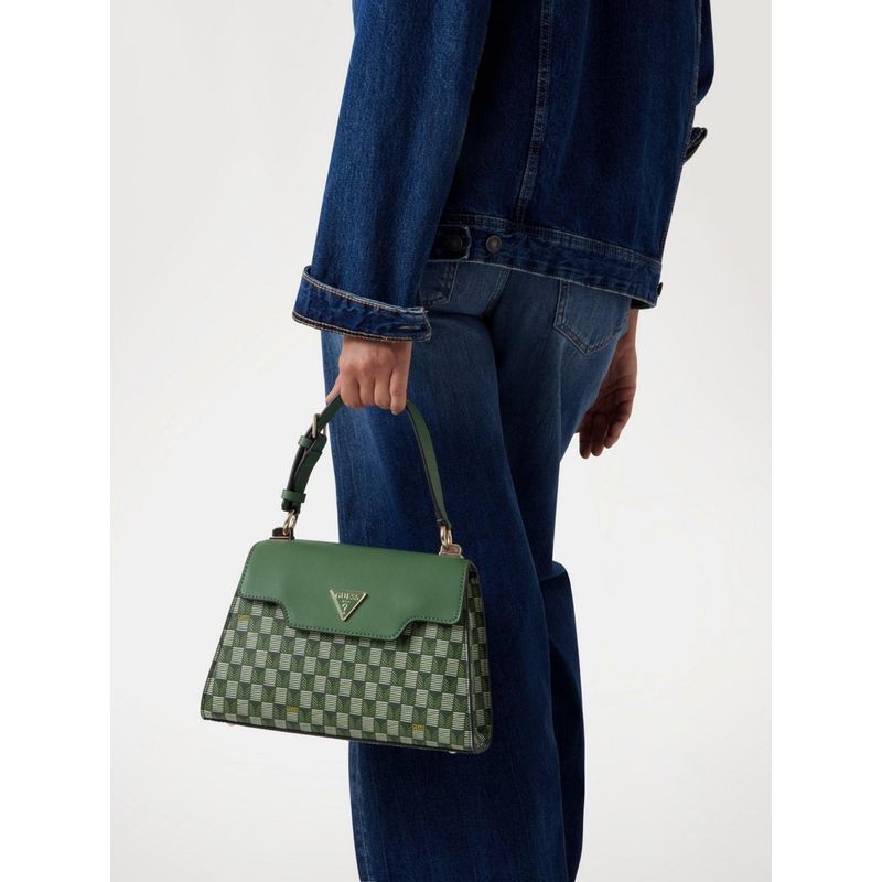 Buy Guess Green Logo Geometric Top Handle Flap Satchel Bag With ...