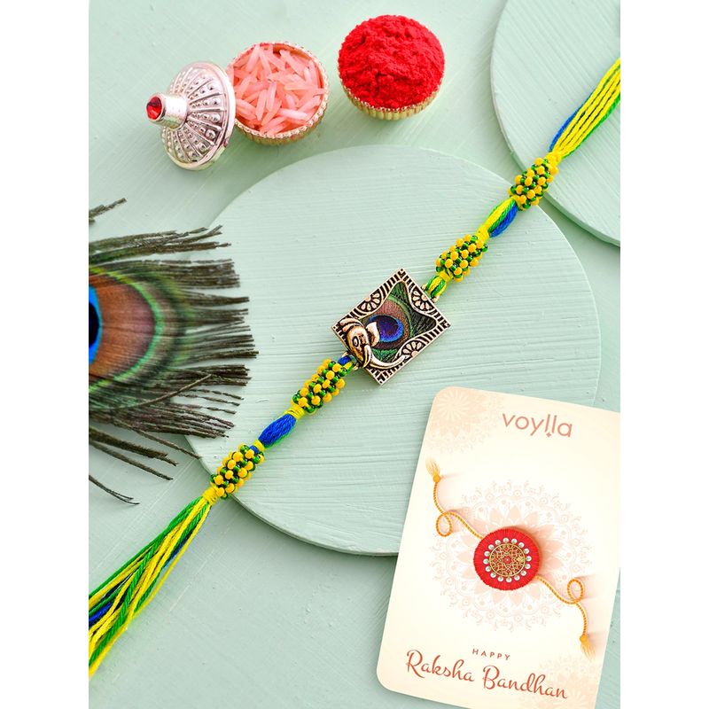 Buy Voylla Peacock Feather Thread Rakhi with Roli Chawal & Card for ...