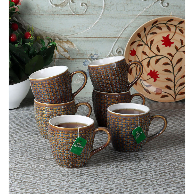 Buy CDI Brown Coloured Checked Tea Coffee Cups Set 6 Online