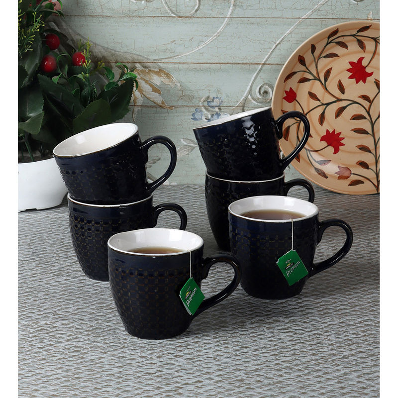 Buy CDI Blue Coloured Checked Tea Coffee Cups Set 7 With Wooden Tray Online