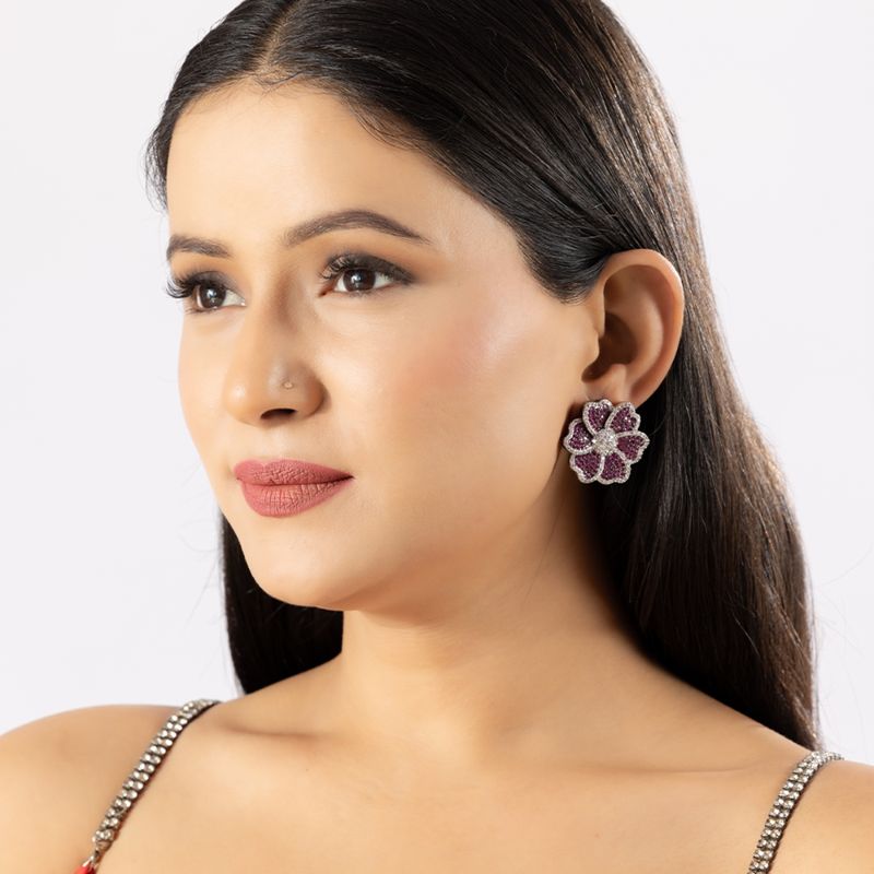 Buy Niscka Floral Jazzberry Jam Pink American Diamond Designer Earrings ...