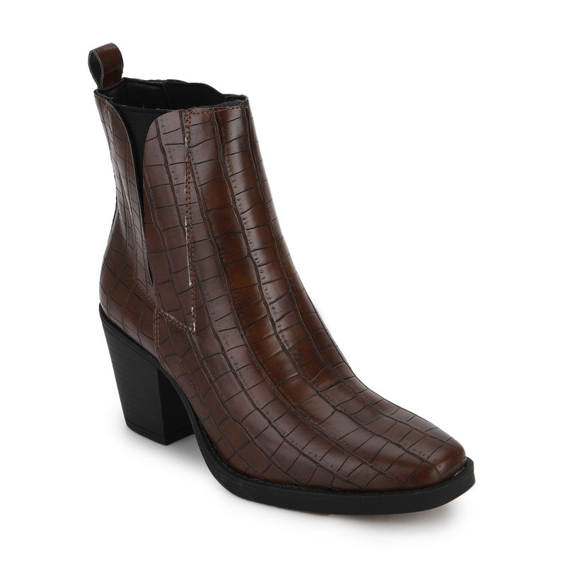 Buy Truffle Collection Brown Croc Low Block Heel Ankle Boots Online