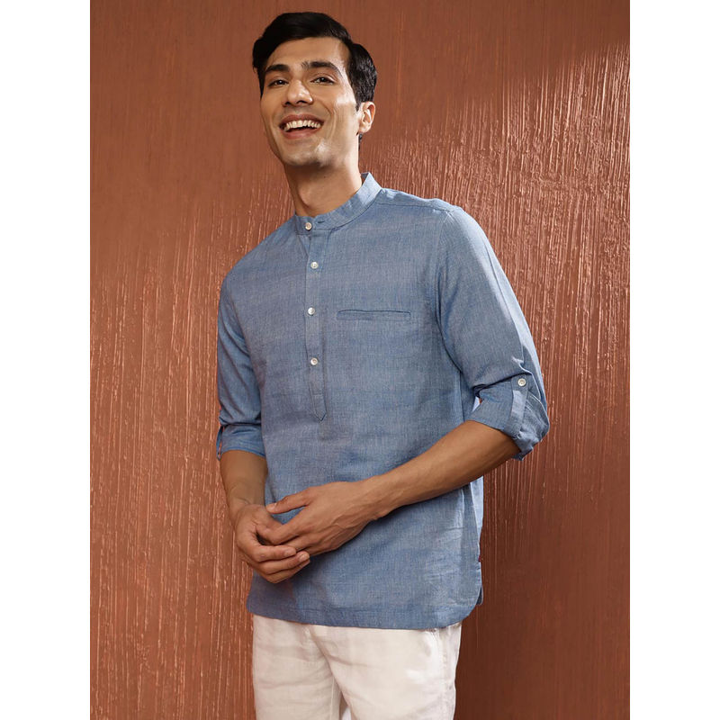 Buy Fabindia Blue Blended Fabric Solid Full Sleeves Mandarin Neck Shirt ...