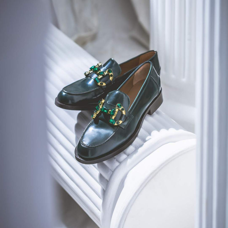 Buy Saint G Livia Embellished Green Leather Moccasins Online