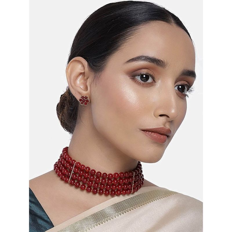 Buy I Jewels Gold Plated Traditional Maroon Pearl Stylish Moti Choker ...