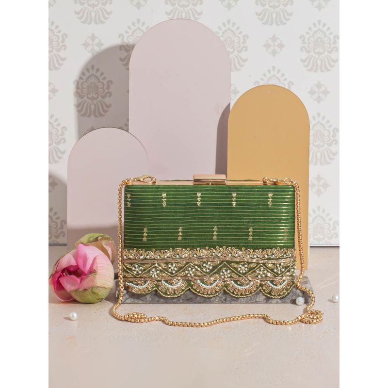 Buy AMYRA Tari Silk Box Mehendi Green Clutch with Detachable Straps Online