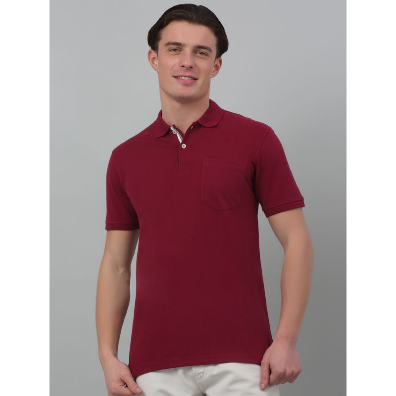 Buy Cantabil Men Maroon Solid Polo Neck Half Sleeves T-Shirt Online