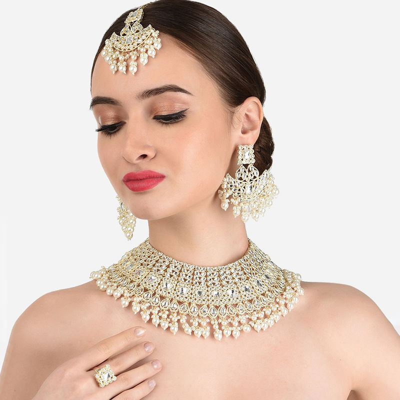 Buy Zaveri Pearls Gold Tone Bridal Choker Necklace Earring Maangtikka
