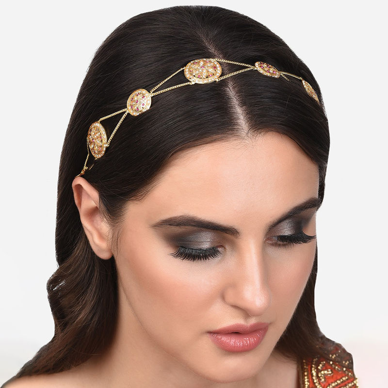 Buy Zaveri Pearls Pink Dazzling Austrian Diamonds Floral Bridal Head ...