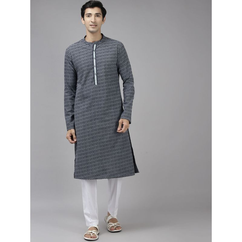 Buy See Designs Men Navy Blue Printed Kurta with Pyjama (Set of 2) Online