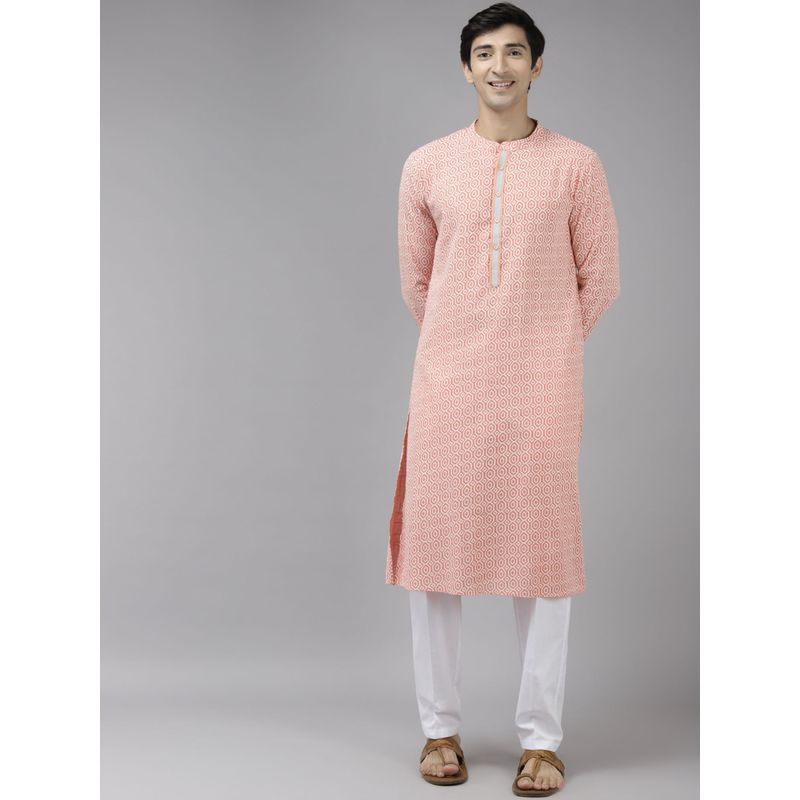 Buy See Designs Men Peach & White Printed Pure Cotton Straight Kurta ...