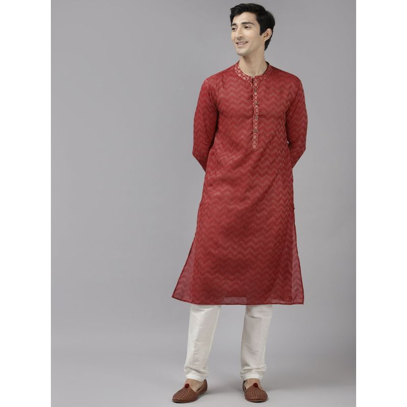 Buy See Designs Men Maroon & Beige Woven Design Thread Work Kurta Online