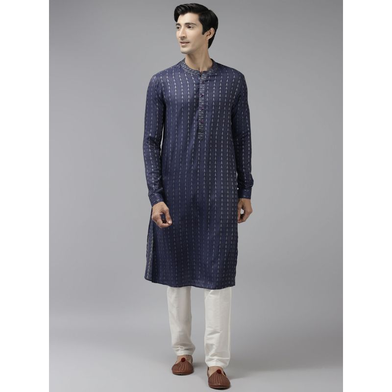 Buy See Designs Men Navy Blue & Beige Woven Design Thread Work Kurta Online