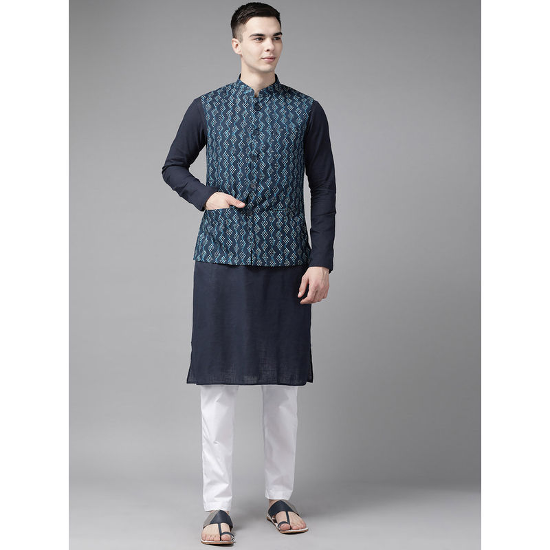 Buy See Designs Men Blue & Beige Printed Pure Cotton Nehru Jacket Online