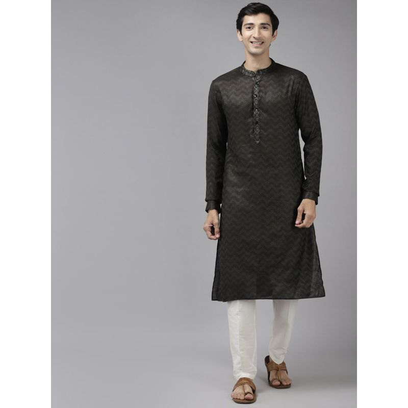 Buy See Designs Men Olive & Beige Woven Design Thread Work Kurta Online
