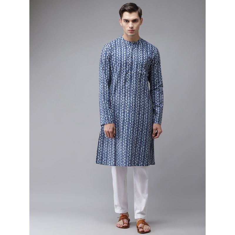 Buy See Designs Men Blue Printed Pure Cotton Regular Kurta Online