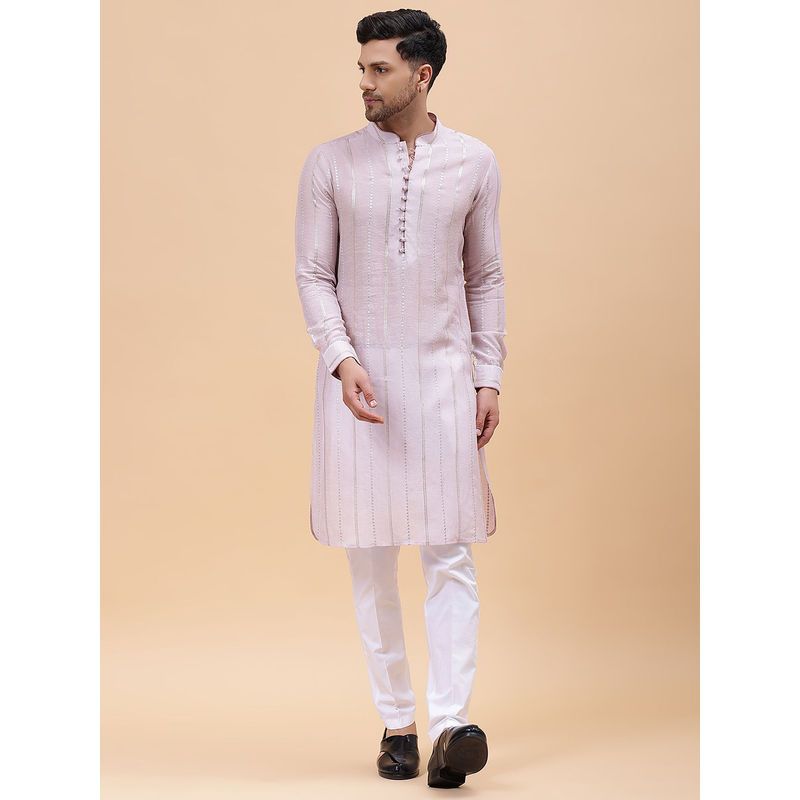Buy See Designs Men Pink Zari Wark Silk Woven Design Straight Kurta Online