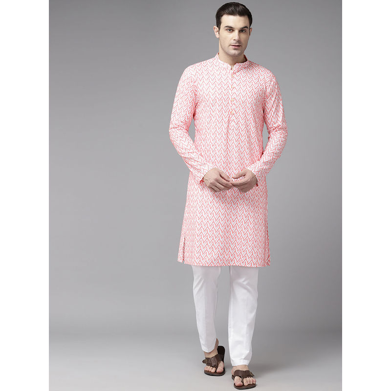 Buy See Designs Men White & Pink Pure Cotton Embroidered Straight Kurta ...