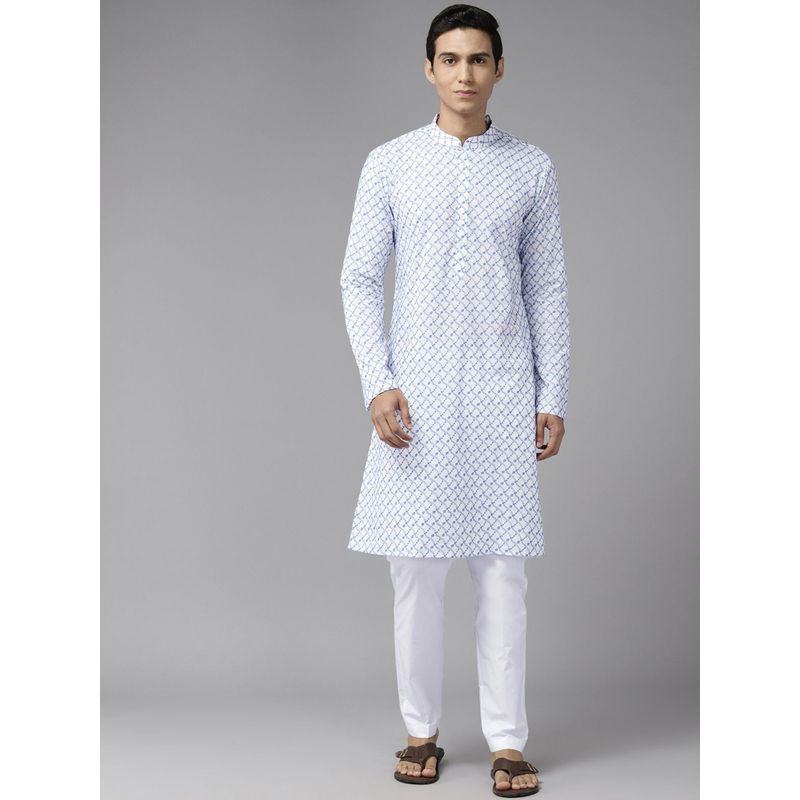 Buy See Designs Mens White & Blue Pure Cotton Embroidered Straight ...