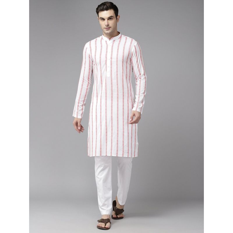 Buy See Designs Mens White & Pink Pure Cotton Embroidered Straight ...