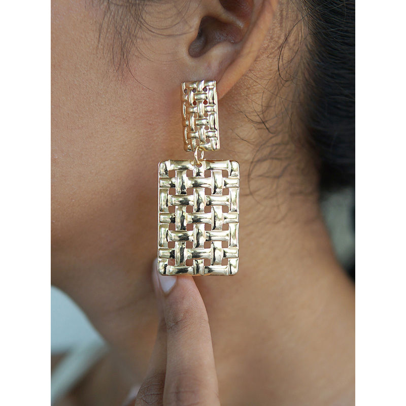 Buy Ayesha Contemporary Oversized Weave Textured Gold-Toned Rectangular Drop Earrings Online