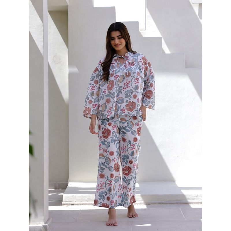 Buy SAY Floral Printed Tie-Up Neck Pure Cotton Top with Pyjamas White ...