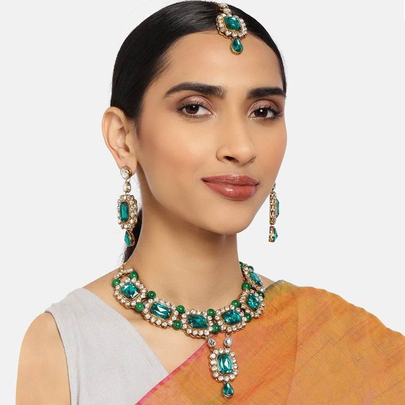 Buy Zaveri Pearls Green & White Stones Wedding Collection Necklace ...