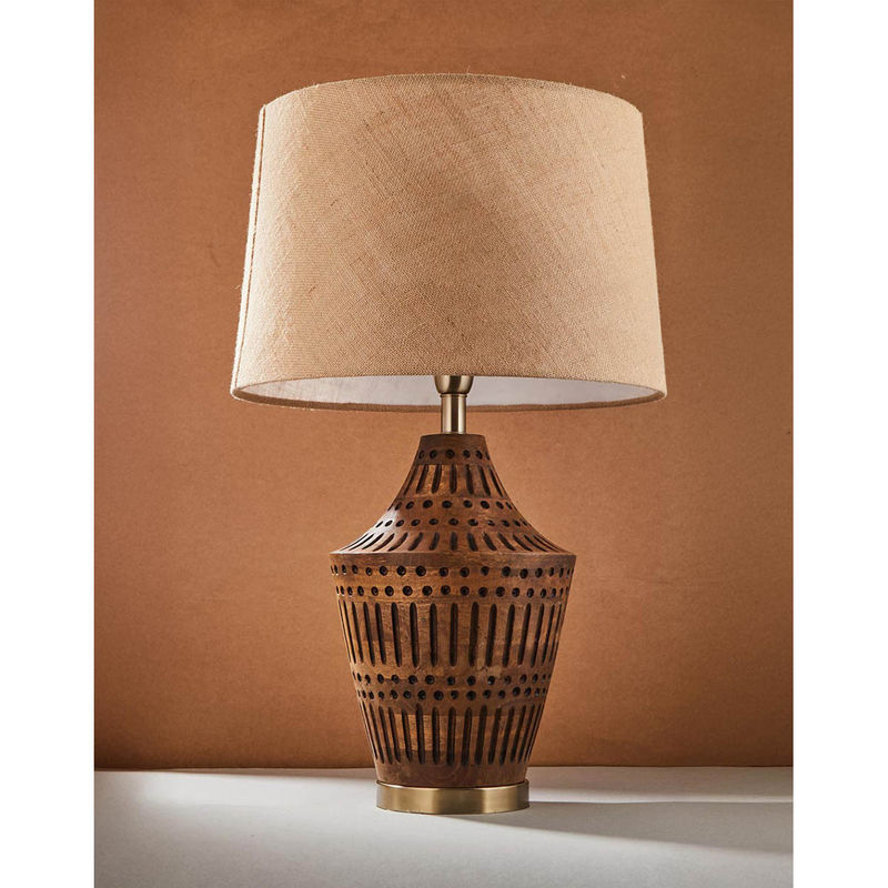 Buy Fabindia Brown Wood Bedside Table Lamp with Shade Online
