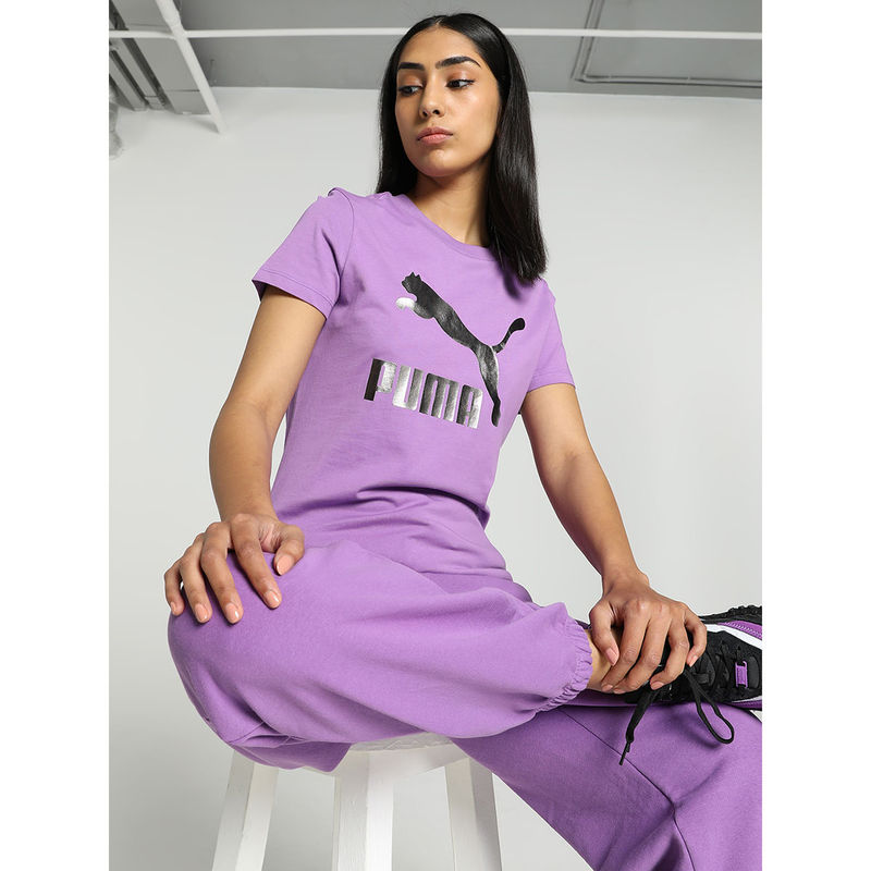 Buy Puma Classics Shiny Logo Womens Purple T-Shirt Online
