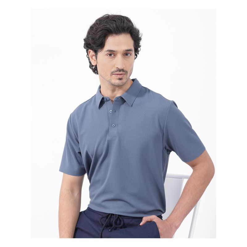Buy Rare Rabbit Atticus Dusky Blue Plain Regular Fit Polo T-Shirt Online