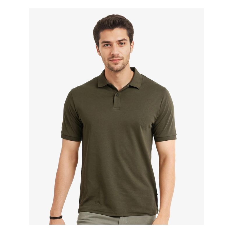 Buy Rare Rabbit Row 1 Olive Plain Regular Fit Polo T-Shirt Online
