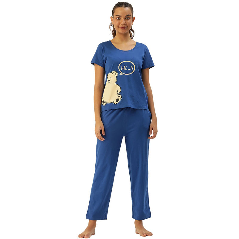 Slumber Jill Teddy Print Top & Pyjama Set In Royal Blue: Buy Slumber ...