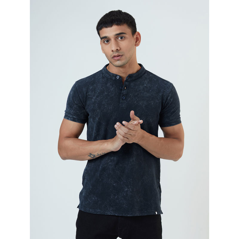 Buy The Souled Store Solid Polo Blue (acid Wash) Mandarin Polos For ...