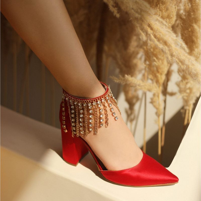 Buy Saint G Stone Studded Chain Red Satin Block Heels Online